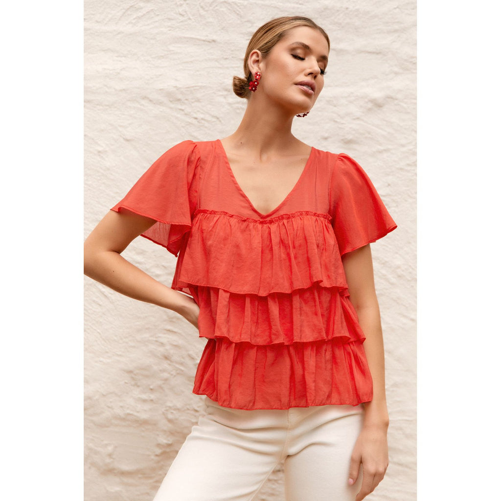 Za Za Red Frill Bamboo Mix Fabric - Womens Top - Summer Breeze Fashions